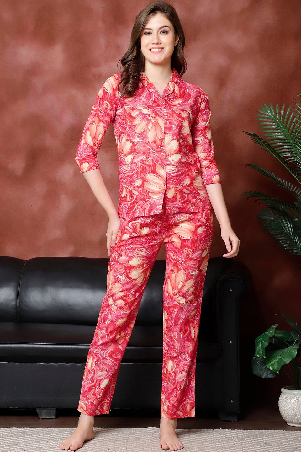 Red Floral Printed Pure Cotton Night Suit for Women | S-XXL | Claura