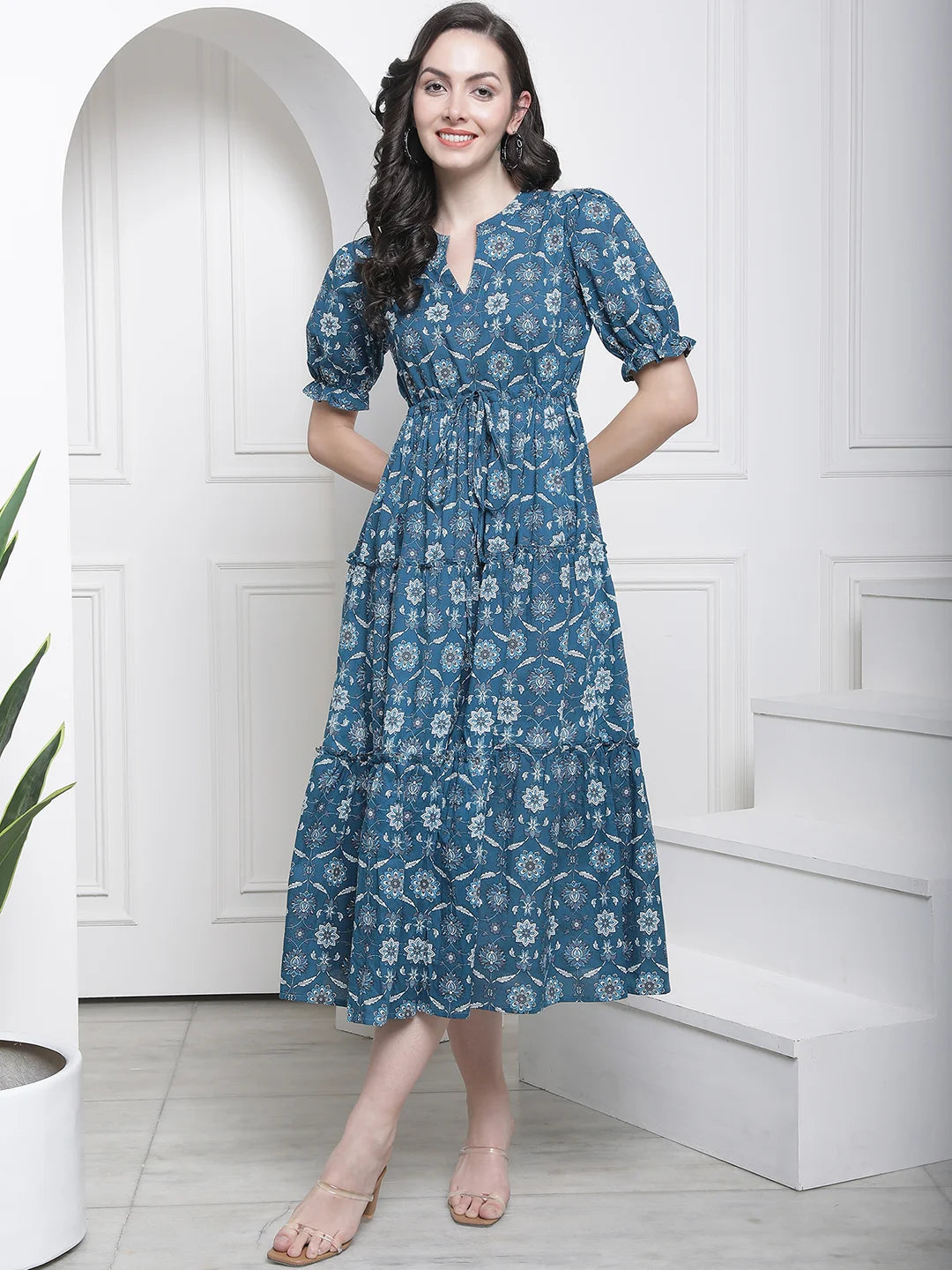 Blue Color Floral Printed Cotton Dress For Women – Claura Designs Pvt. Ltd.